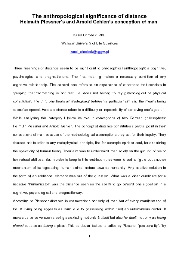 (DOC) The anthropological significance of distance Helmuth Plessner’s ...