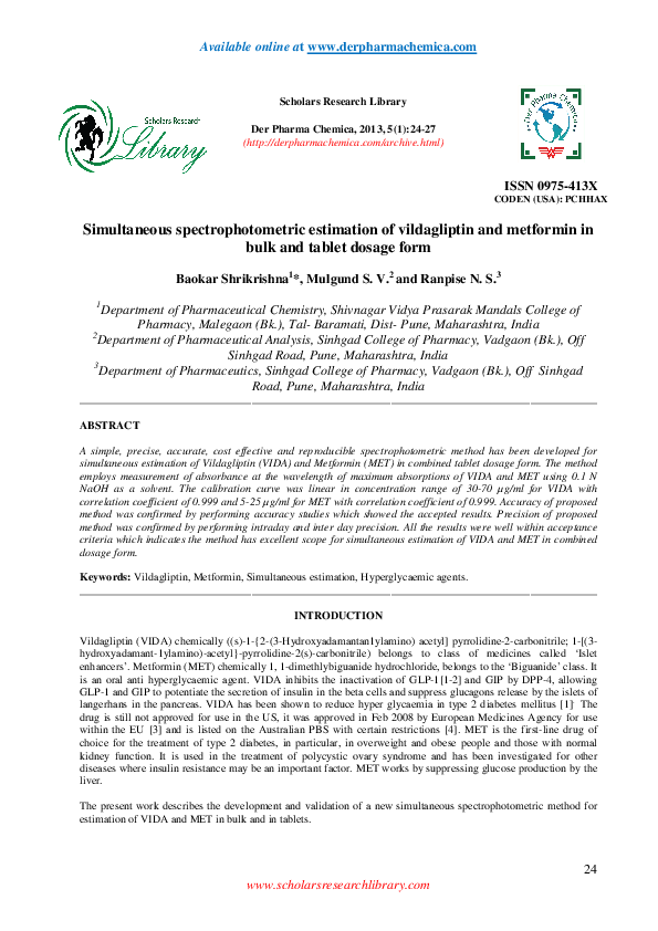 Pdf Simultaneous Spectrophotometric Estimation Of Vildagliptin And Metformin In Bulk And