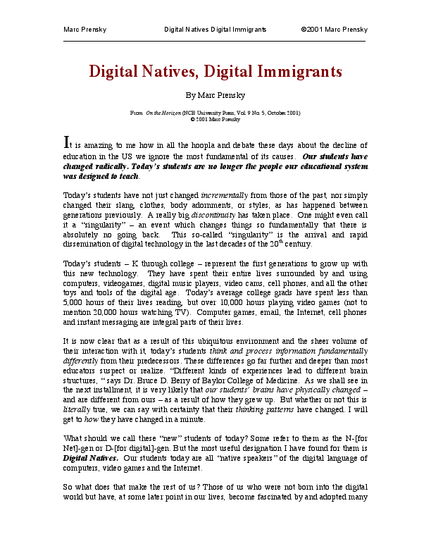 (PDF) Digital natives, digital immigrants part 1