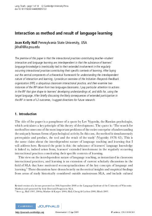 (PDF) Interaction as method and result of language learning