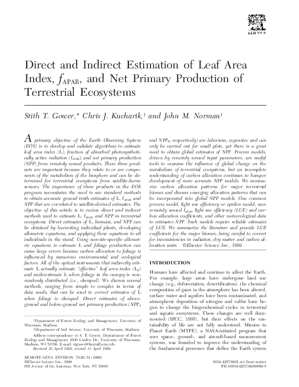 Pdf Direct And Indirect Estimation Of Leaf Area Index F Apar And