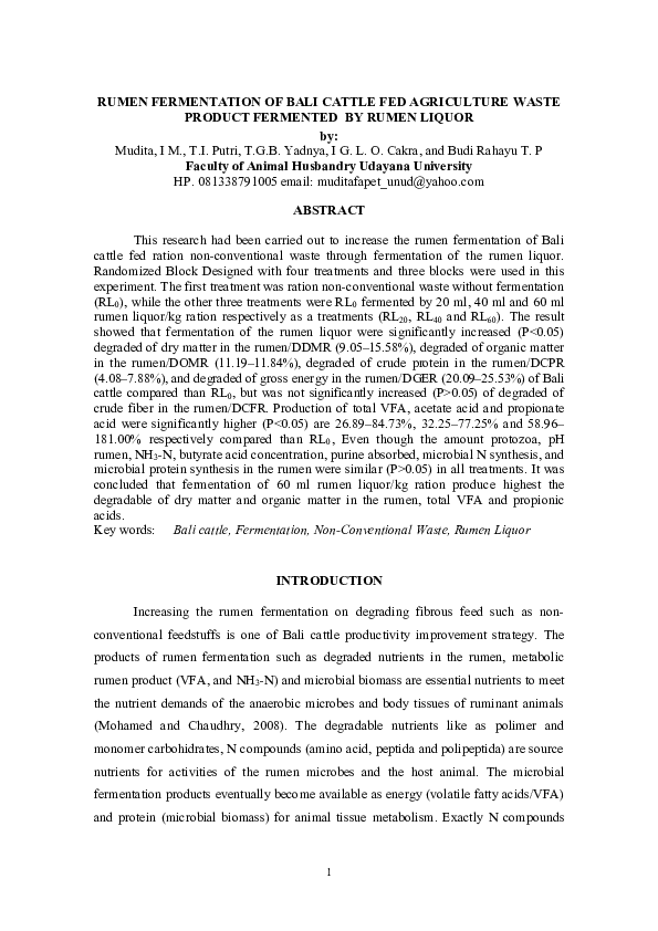 (PDF) Rumen fermentation of bali cattle fed agriculture waste product fermented by rumen liquor