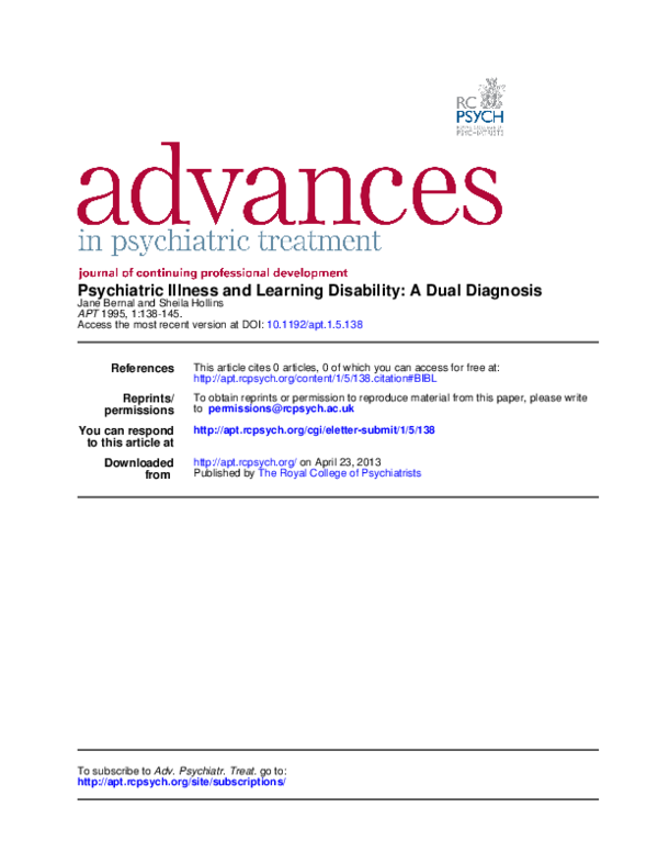 (PDF) Psychiatric Illness and Learning Disability: A Dual Diagnosis