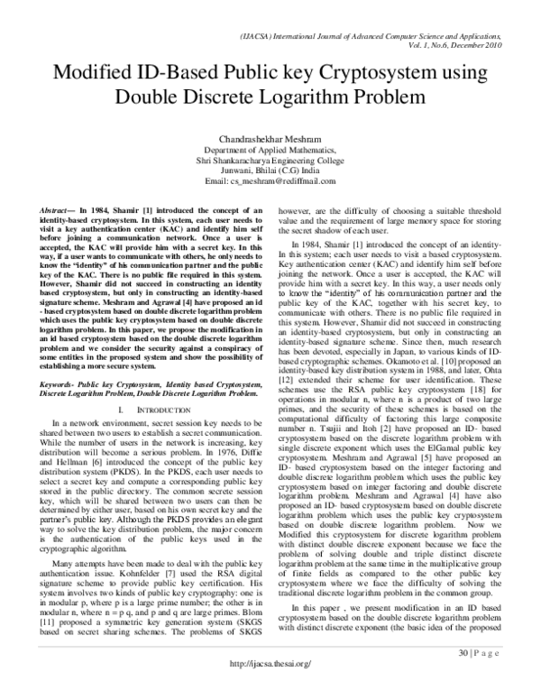 Pdf Modified Id Based Public Key Cryptosystem Using Double Discrete Logarithm Problem
