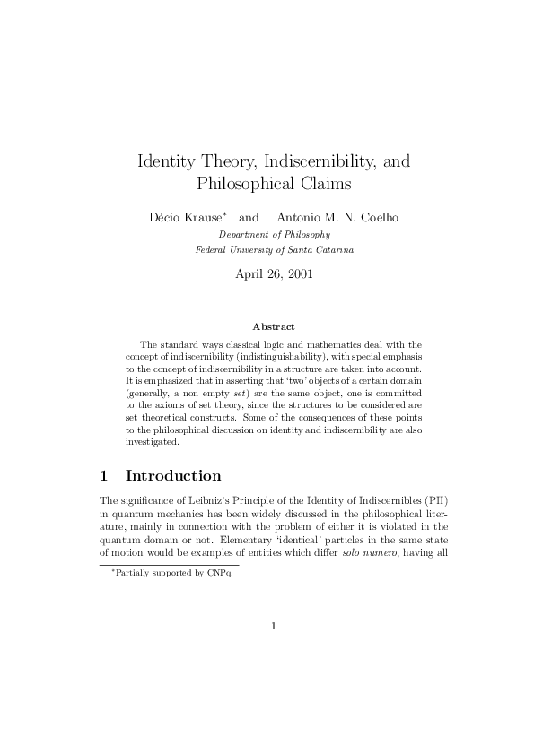 (PDF) Identity Theory, Indiscernibility, and Philosophical Claims