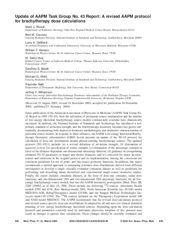 (PDF) Update of AAPM Task Group No. 43 Report: A revised AAPM protocol ...