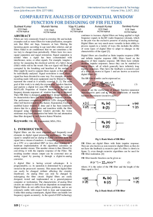 (PDF) COMPARATIVE ANALYSIS OF EXPONENTIAL WINDOW FUNCTION FOR DESIGNING OF FIR FILTERS