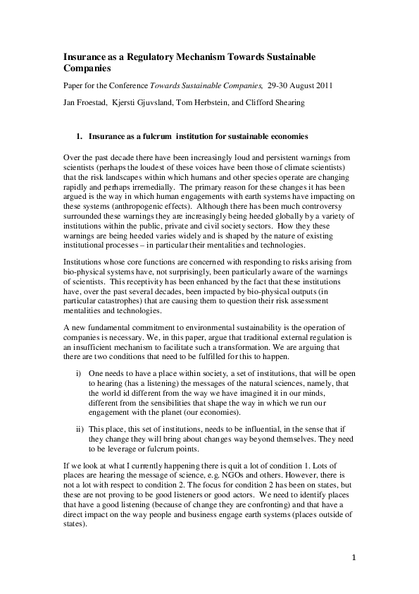 (PDF) Insurance as a Regulatory Mechanism Towards Sustainable Companies
