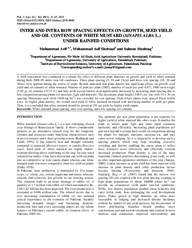(PDF) INTER AND INTRA ROW SPACING EFFECTS ON GROWTH, SEED YIELD AND OIL ...
