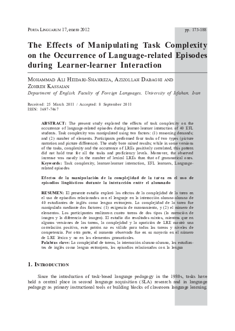 Pdf The Effect Of Manipulating Task Complexity On The Occurrence Of Language Related Episodes