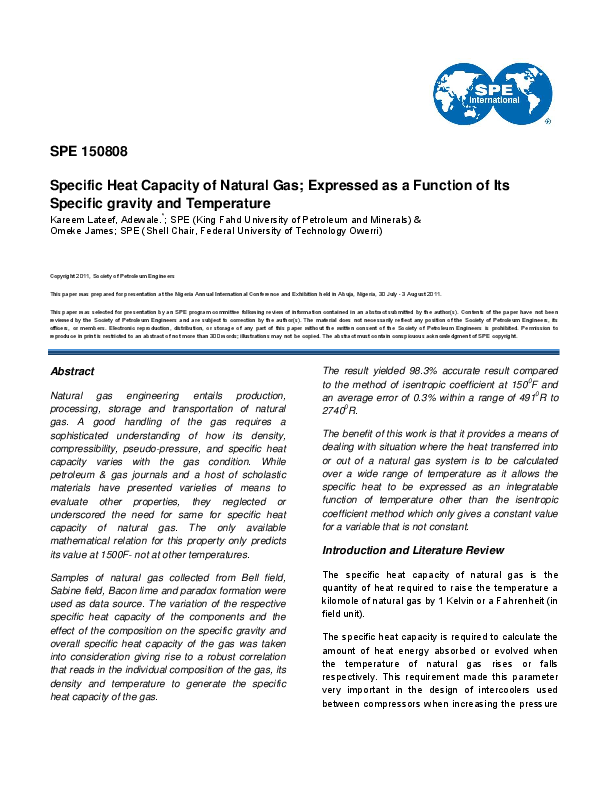 (PDF) Specific Heat Capacity of Natural Gas; Expressed as a Function of ...