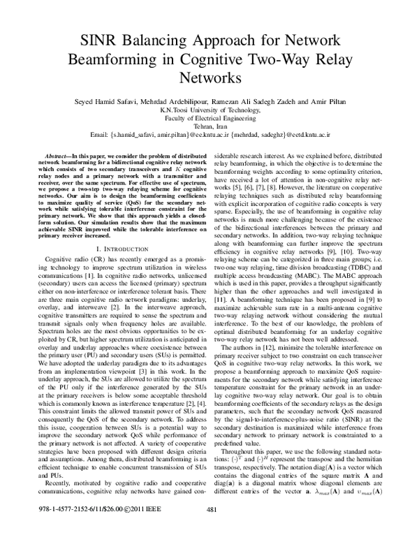 (PDF) SINR balancing approach for network beamforming in cognitive two-way relay networks