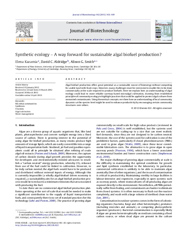 (PDF) Synthetic ecology-a way forward for sustainable algal biofuel ...