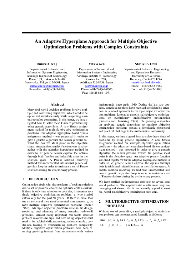 (PDF) An Adaptive Hyperplane Approach for Multiple Objective Optimization Problems with Complex ...