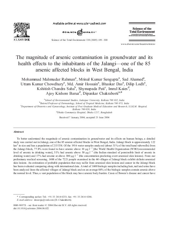 (PDF) The magnitude of arsenic contamination in groundwater and its ...