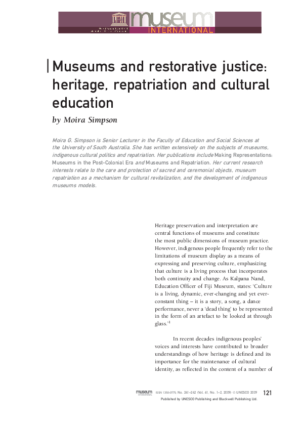 (PDF) Museums and restorative justice: heritage, repatriation and ...