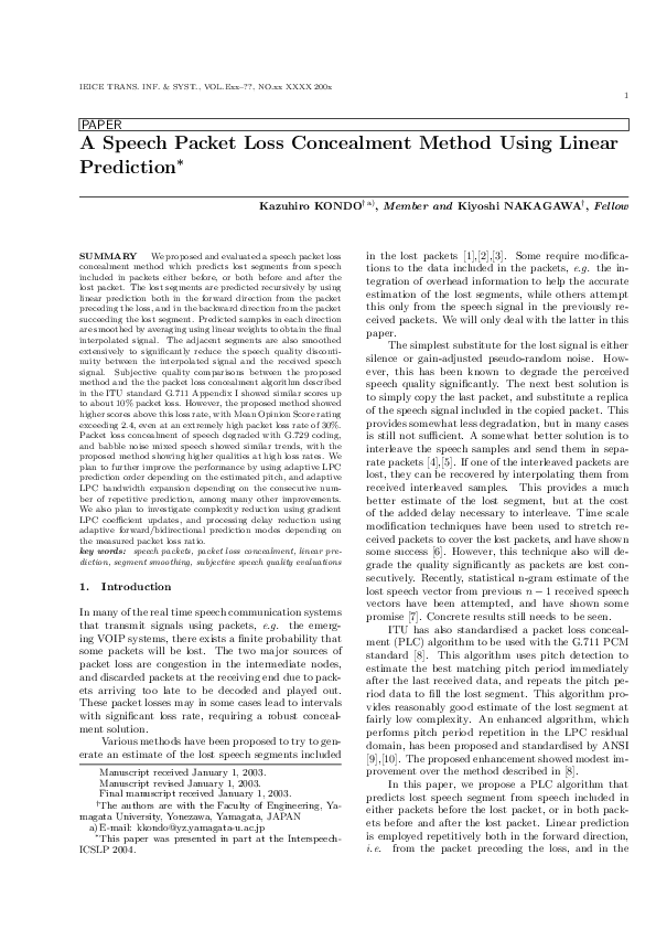 (PDF) A Speech Packet Loss Concealment Method Using Linear Prediction