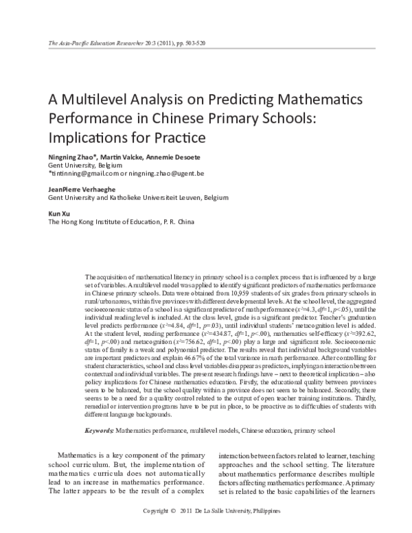(PDF) A Multilevel Analysis on Predicting Mathematics Performance in ...