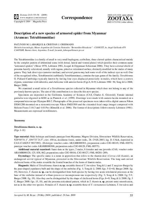 (PDF) Description of a new species of armored spider from Myanmar ...