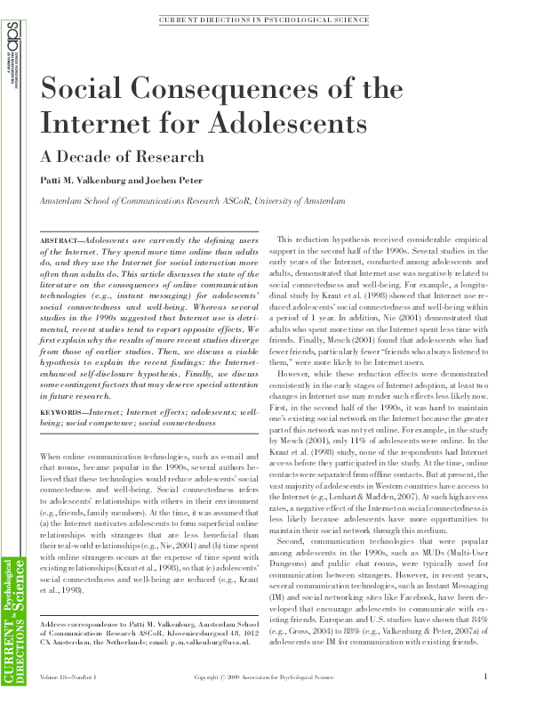 (PDF) Social Consequences of the Internet for Adolescents A Decade of ...