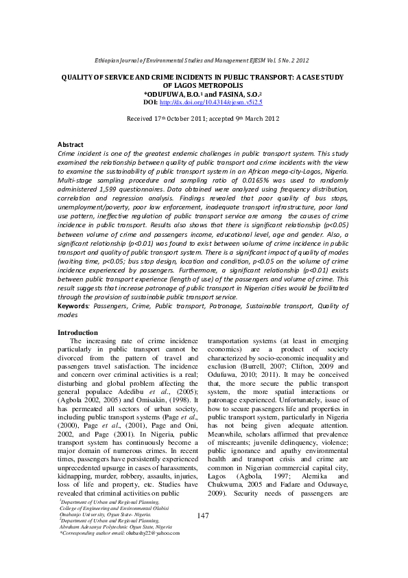 (PDF) QUALITY OF SERVICE AND CRIME INCIDENTS IN PUBLIC TRANSPORT: A ...