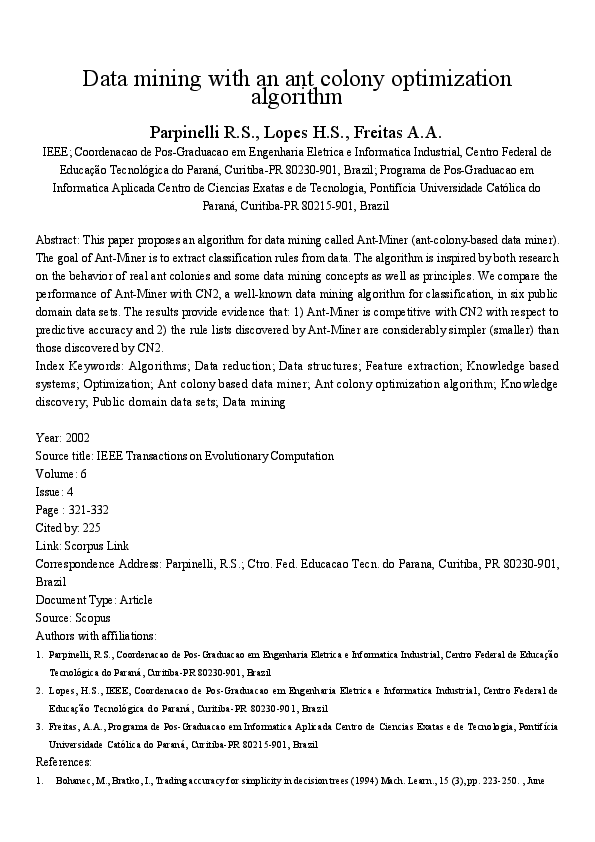 Pdf Data Mining With An Ant Colony Optimization Algorithm