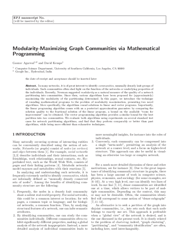 Pdf Modularity Maximizing Graph Communities Via Mathematical Programming