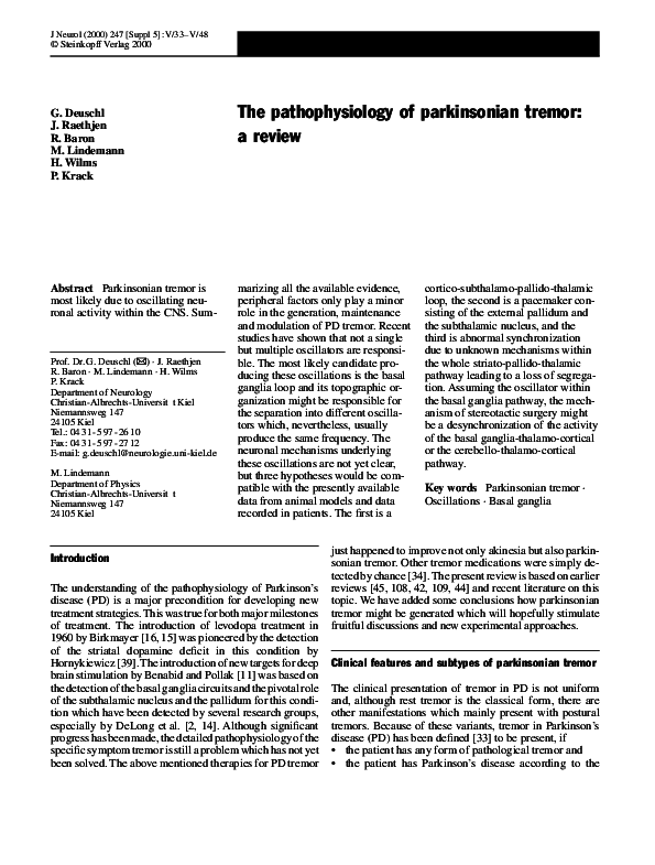 Pdf The Pathophysiology Of Parkinsonian Tremor A Review