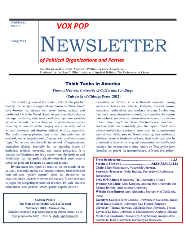 (PDF) "Book Discussion: Think Tanks in America."