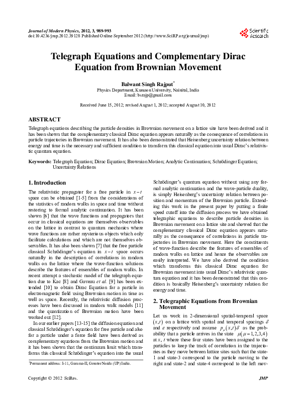 (PDF) Telegraph Equation and complementary Dirac Equation from Brownian ...