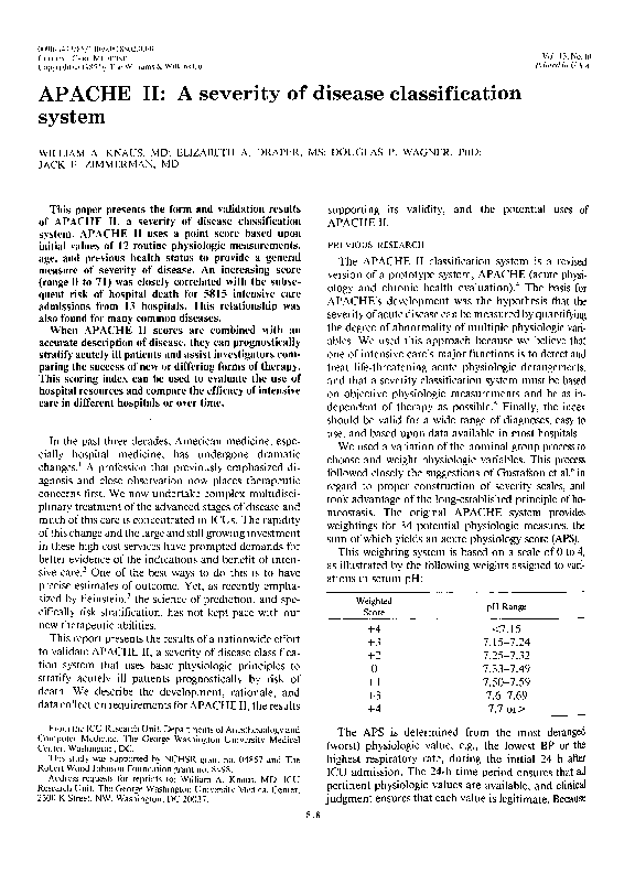 Pdf Apache Ii A Severity Of Disease Classification System