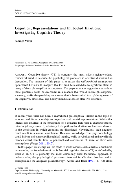 Pdf Cognition Representations And Embodied Emotions Investigating Cognitive Theory