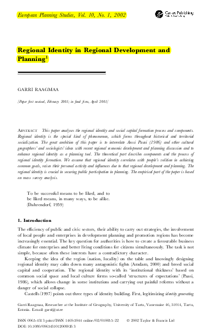 (PDF) Regional Identity in Regional Development and Planning1