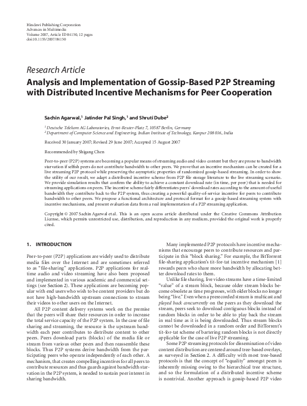 Pdf Analysis And Implementation Of Gossip Based P2p Streaming With Distributed Incentive