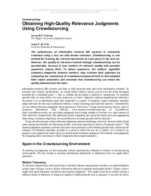 (PDF) Obtaining High-Quality Relevance Judgments using Crowdsourcing