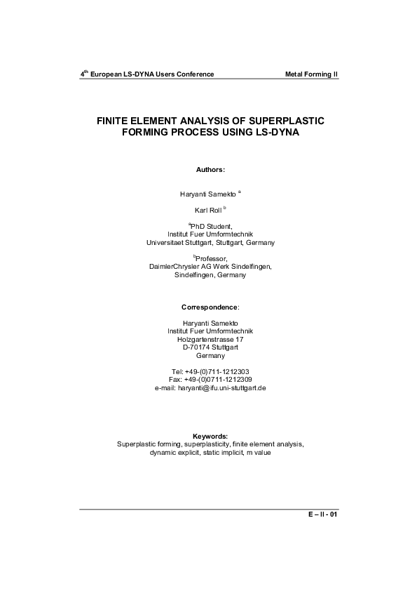 (PDF) FINITE ELEMENT ANALYSIS OF SUPERPLASTIC FORMING PROCESS USING LS-DYNA