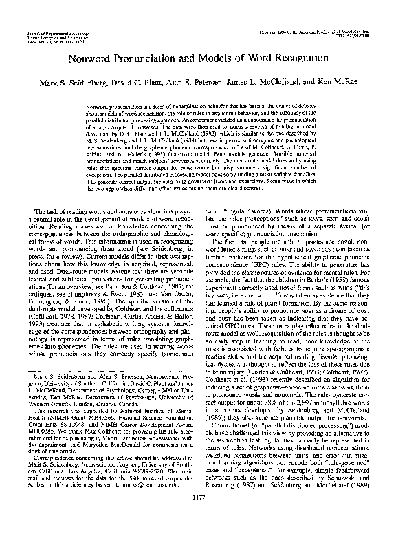 (PDF) Nonword pronunciation and models of word recognition