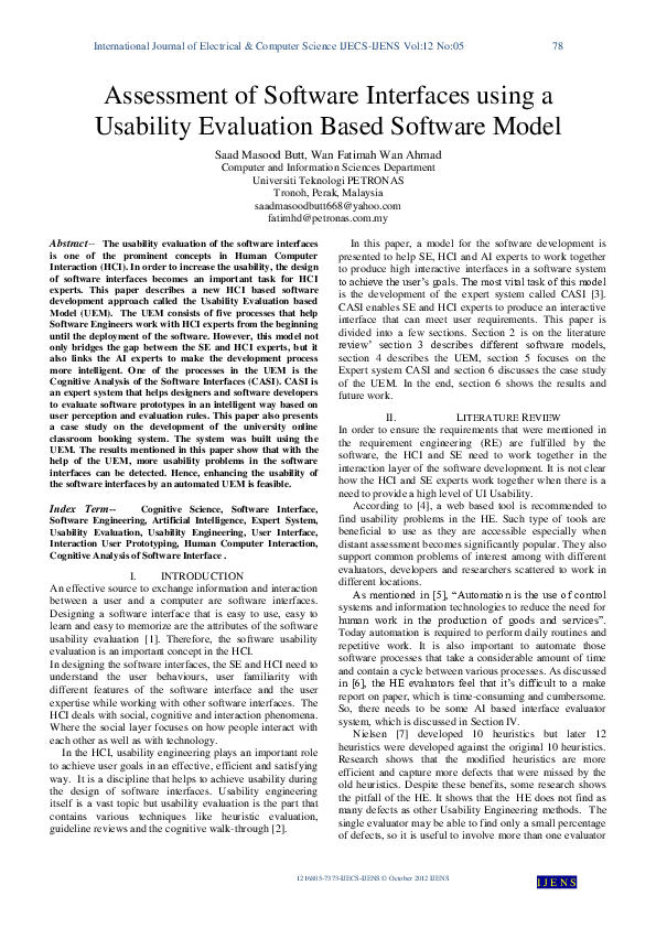 Pdf Assessment Of Software Interfaces Using Usability Evaluation Based Software Model