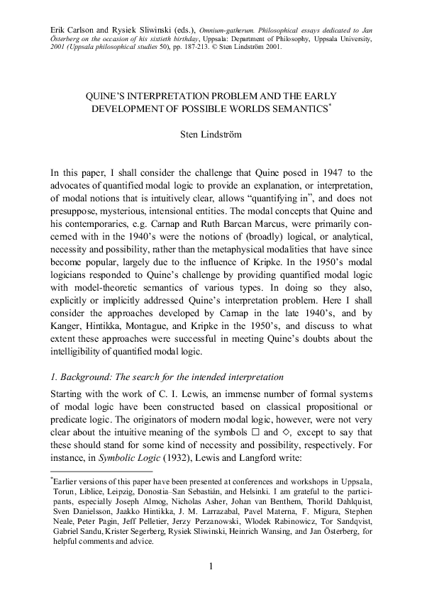 (PDF) Quine's interpretation problem and the early development of possible worlds semantics