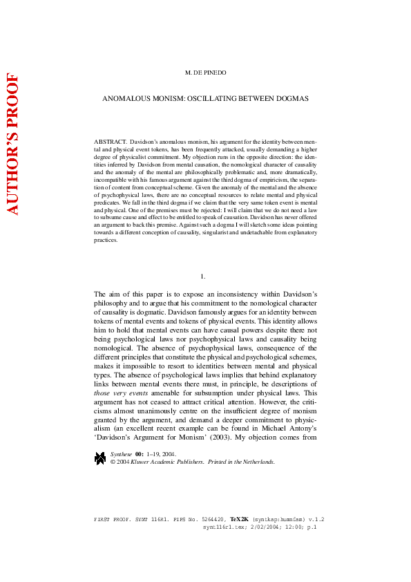 (PDF) Anomalous monism: Oscillating between dogmas