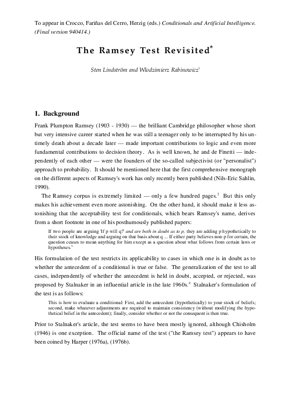 (PDF) Lindström & Rabinowicz: The Ramsey test revisited