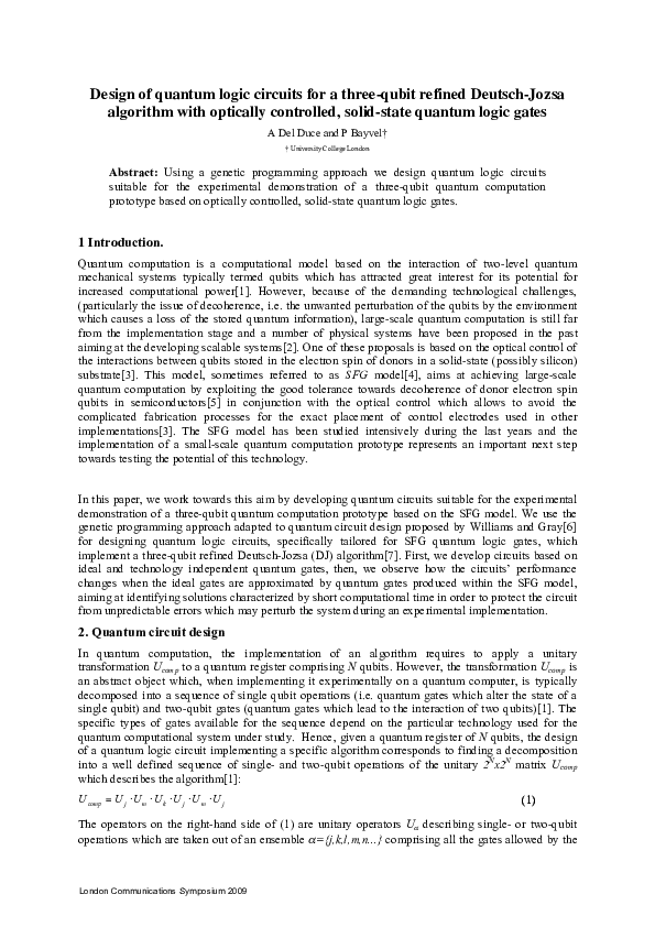 Pdf Design Of Quantum Logic Circuits For A Three Qubit Refined Deutsch Jozsa Algorithm With 
