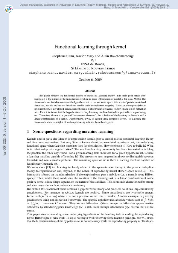 (PDF) Functional learning through kernels