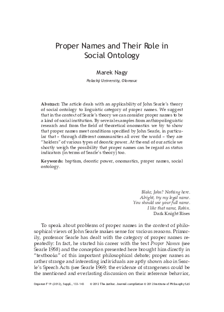 (PDF) Proper Names and Their Role in Social Ontology