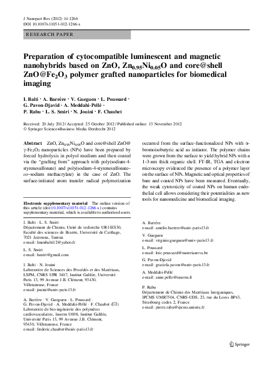 (PDF) Preparation of cytocompatible luminescent and magnetic nanohybrids based on ZnO, Zn0 ...
