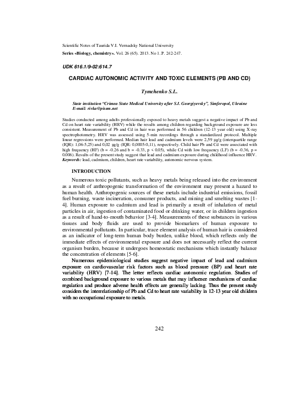 (PDF) CARDIAC AUTONOMIC ACTIVITY AND TOXIC ELEMENTS (PB AND CD)
