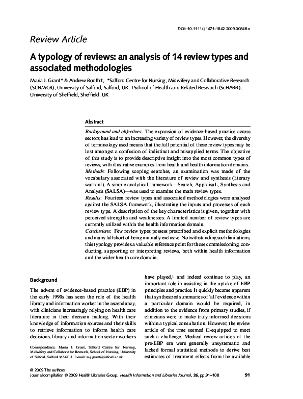 (PDF) A typology of reviews: an analysis of 14 review types and ...