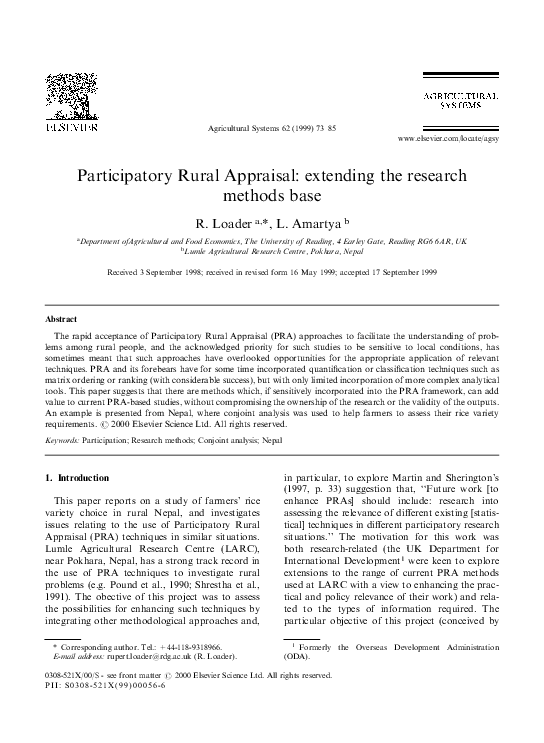 (PDF) Participatory rural appraisal: Extending the research methods base