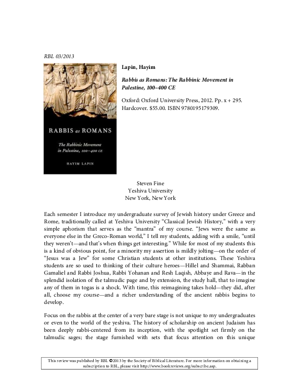 (PDF) Review of Lapin, --Rabbis as Romans: The Rabbinic Movement in ...