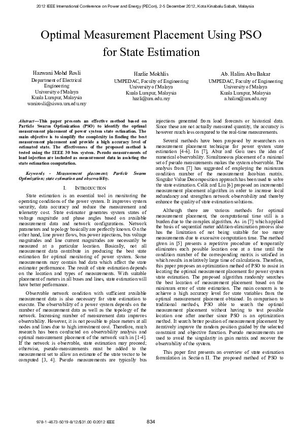 Pdf Optimal Measurement Placement Using Pso For State Estimation